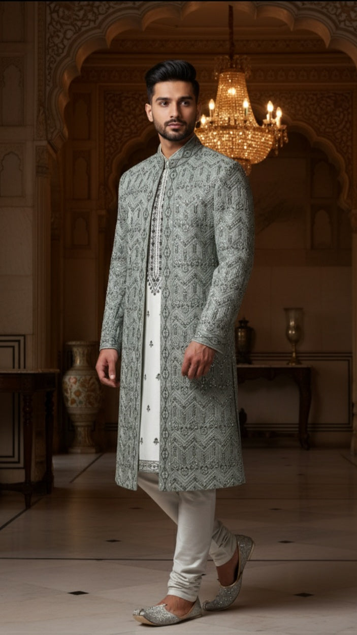 Sage Green Embroidered Sherwani Set for Groom – MOHAR