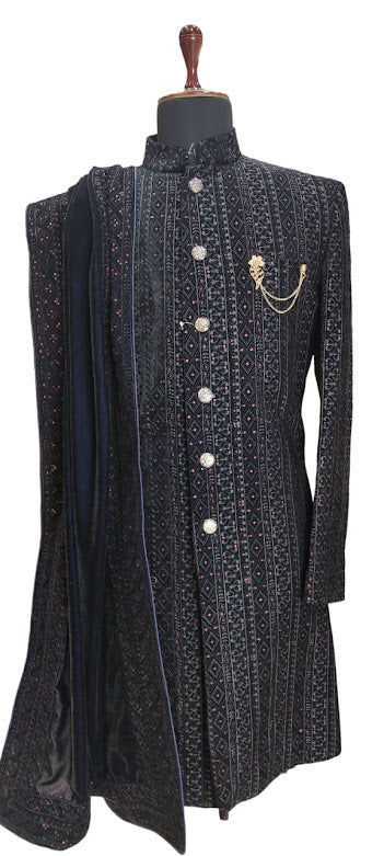 Regal Navy blue embroidered sherwani – MOHAR