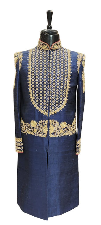 Raw silk Navy blue embroidered sherwani – MOHAR